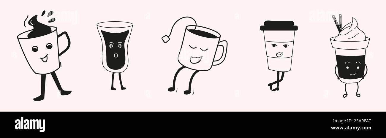 coffee and tea cups depicting various emotions like smiling, laughing ...