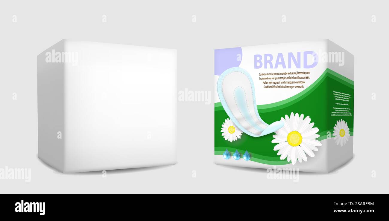 Realistic white blank and with label sanitary napkins packaging box ...