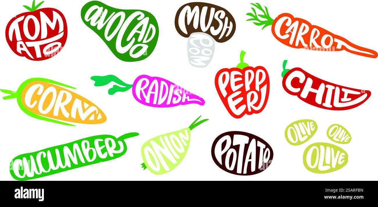 Vegetables lettering. Grocery badges with typographical vegetable name ...