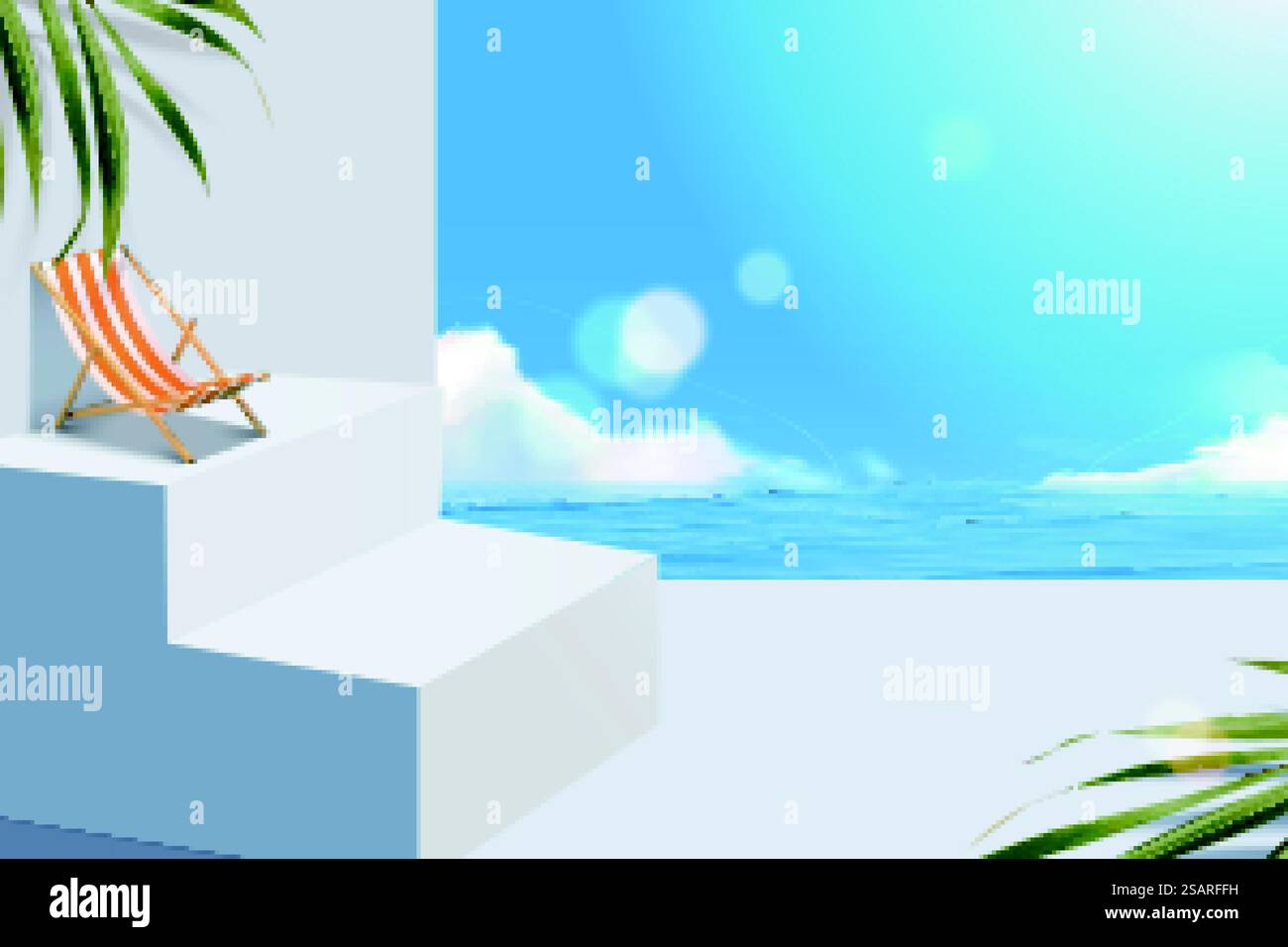 3d Mediterranean beach scene with white stair platform. Suitable for ...
