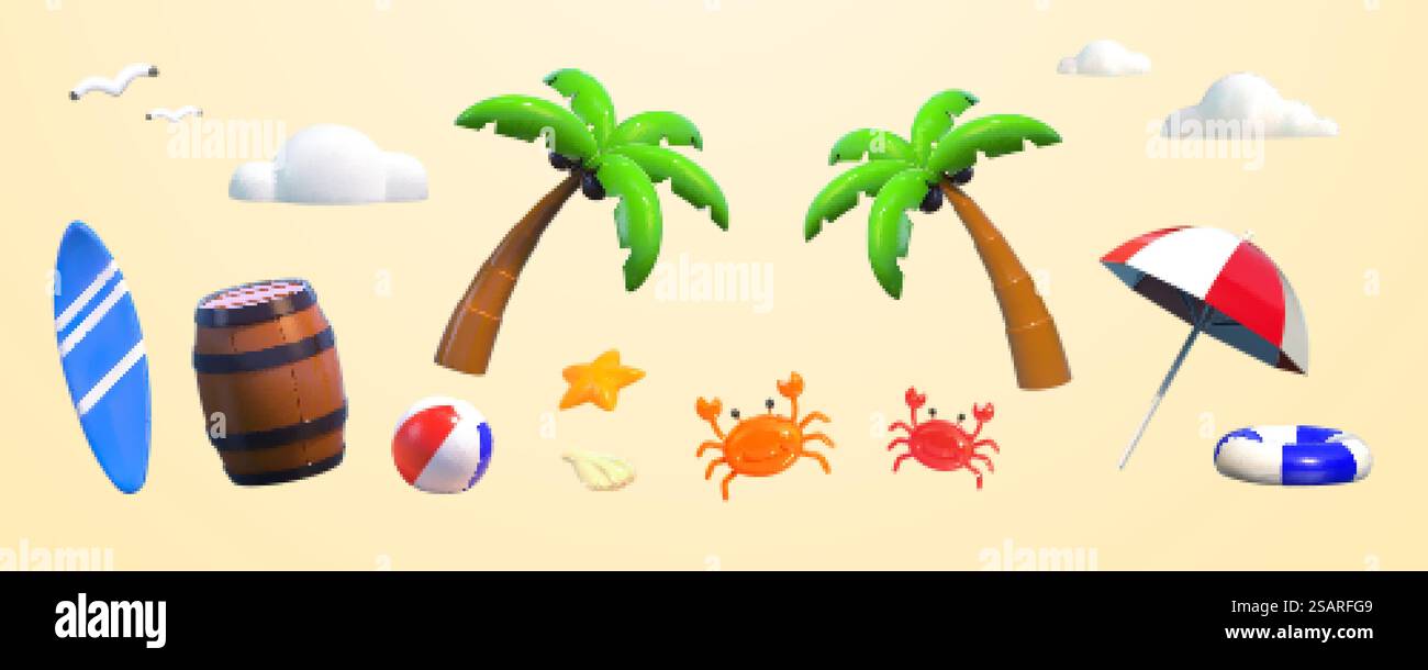 3d beach elements set including palm trees, crabs, parasol, etc. on ...