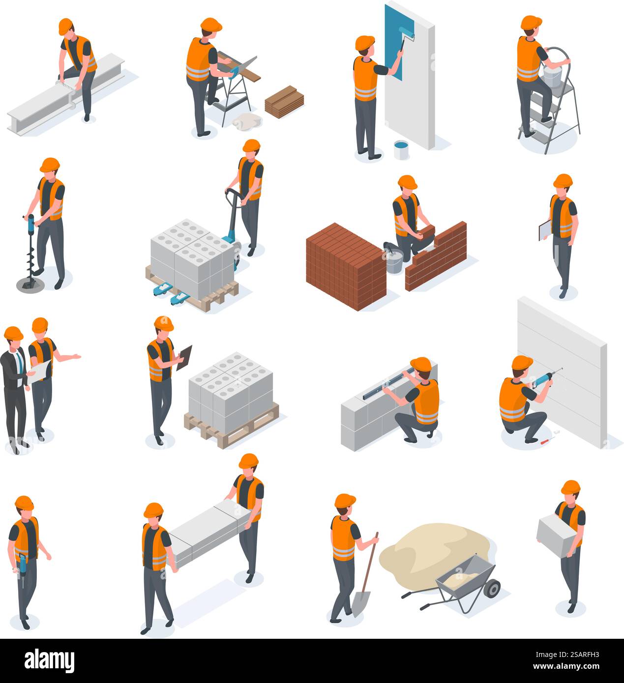 Isometric construction workers, builders and engineer characters ...