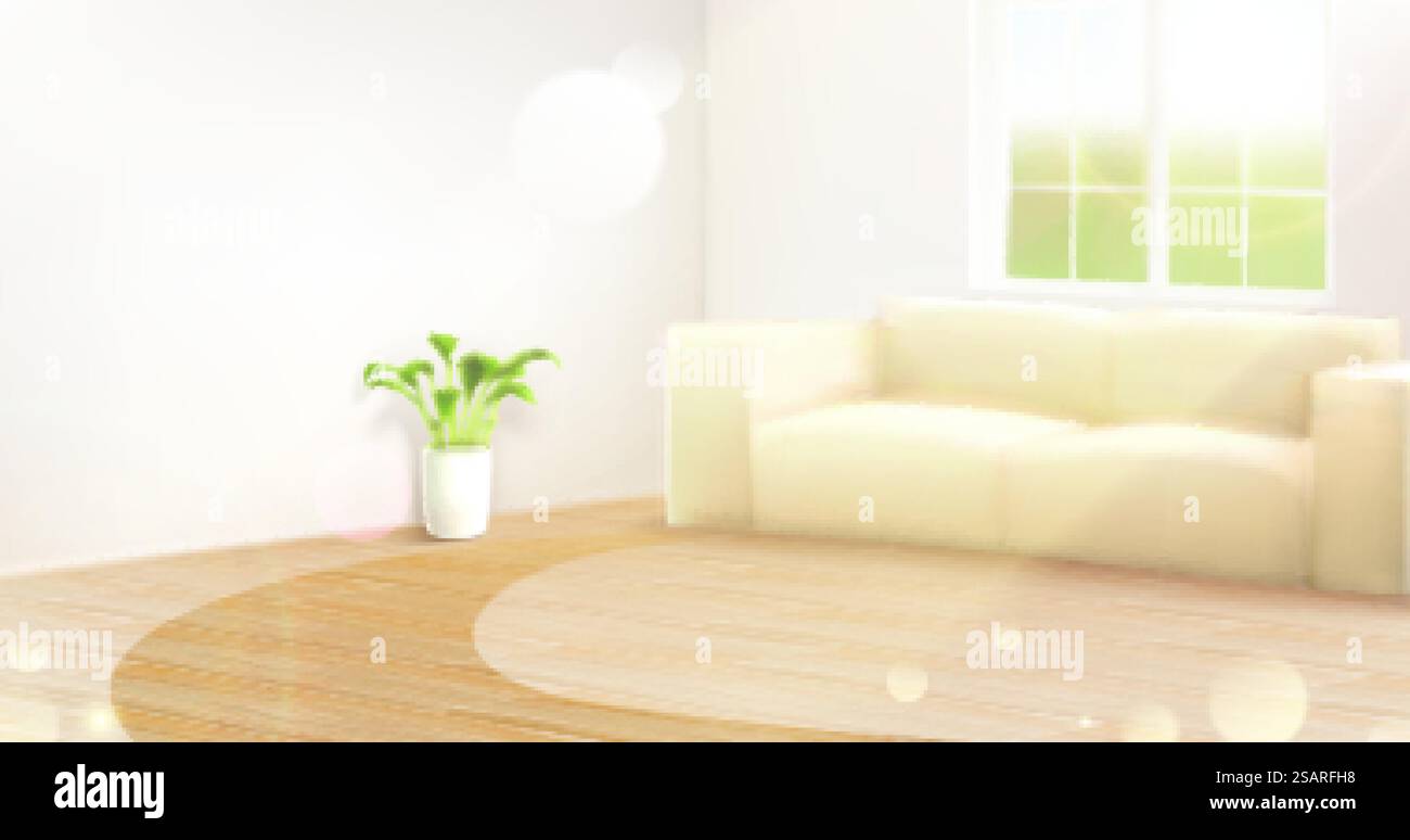 Blurry interior background of bright living room with wooden floor and ...