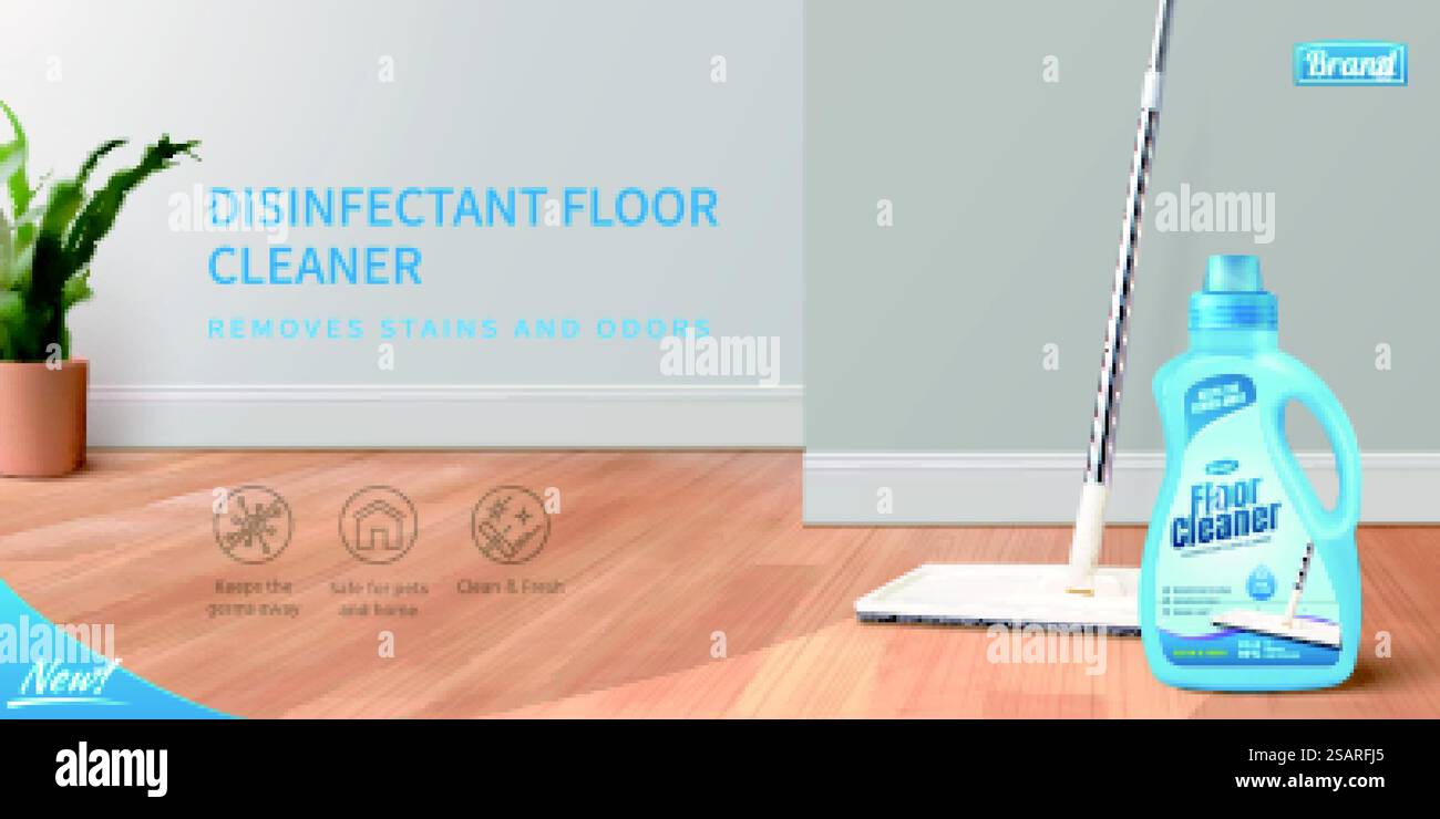 Floor cleaner ad banner in 3D design. Realistic package mock up with ...