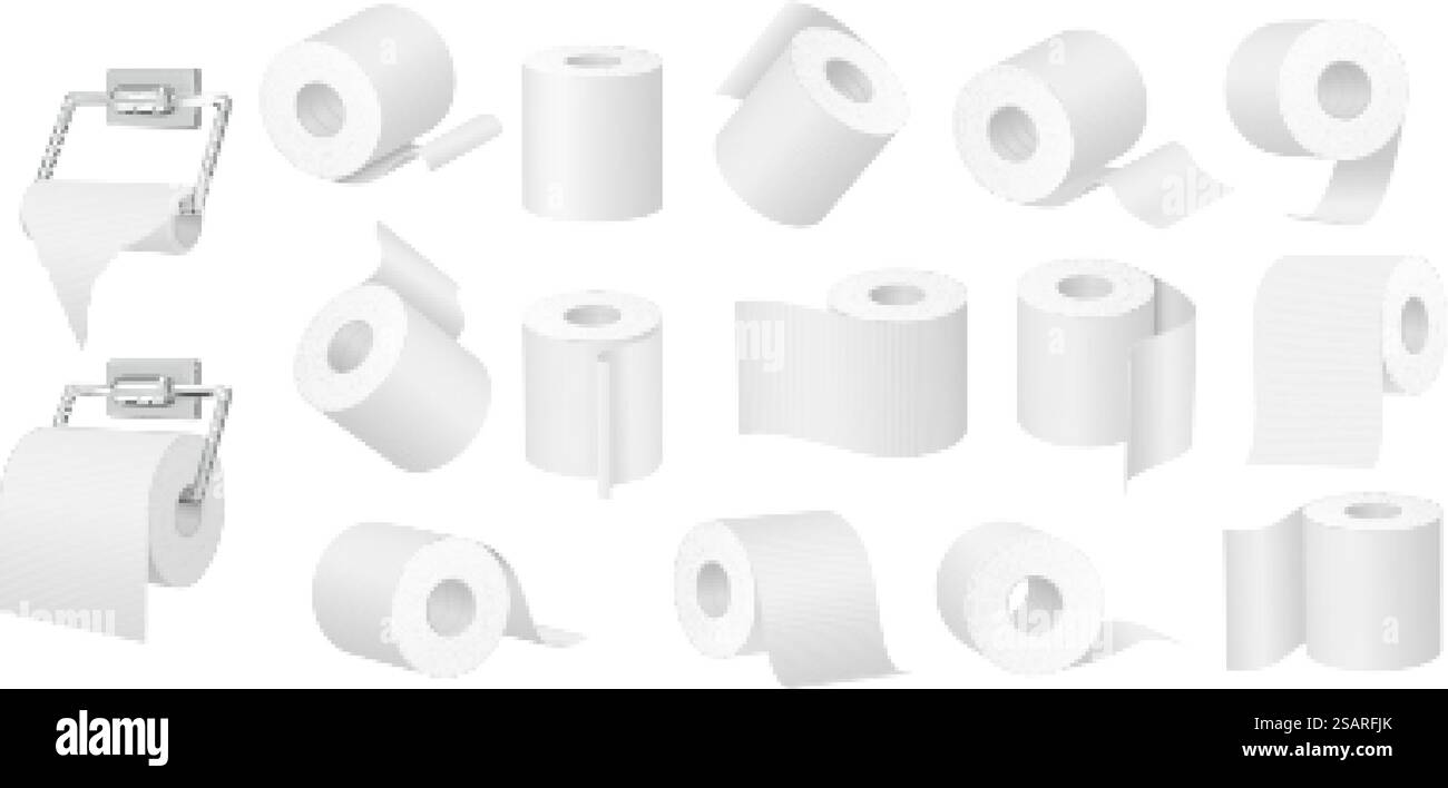 Toilet paper roll. Soft white rolls, empty tube and 3D kitchen towel ...