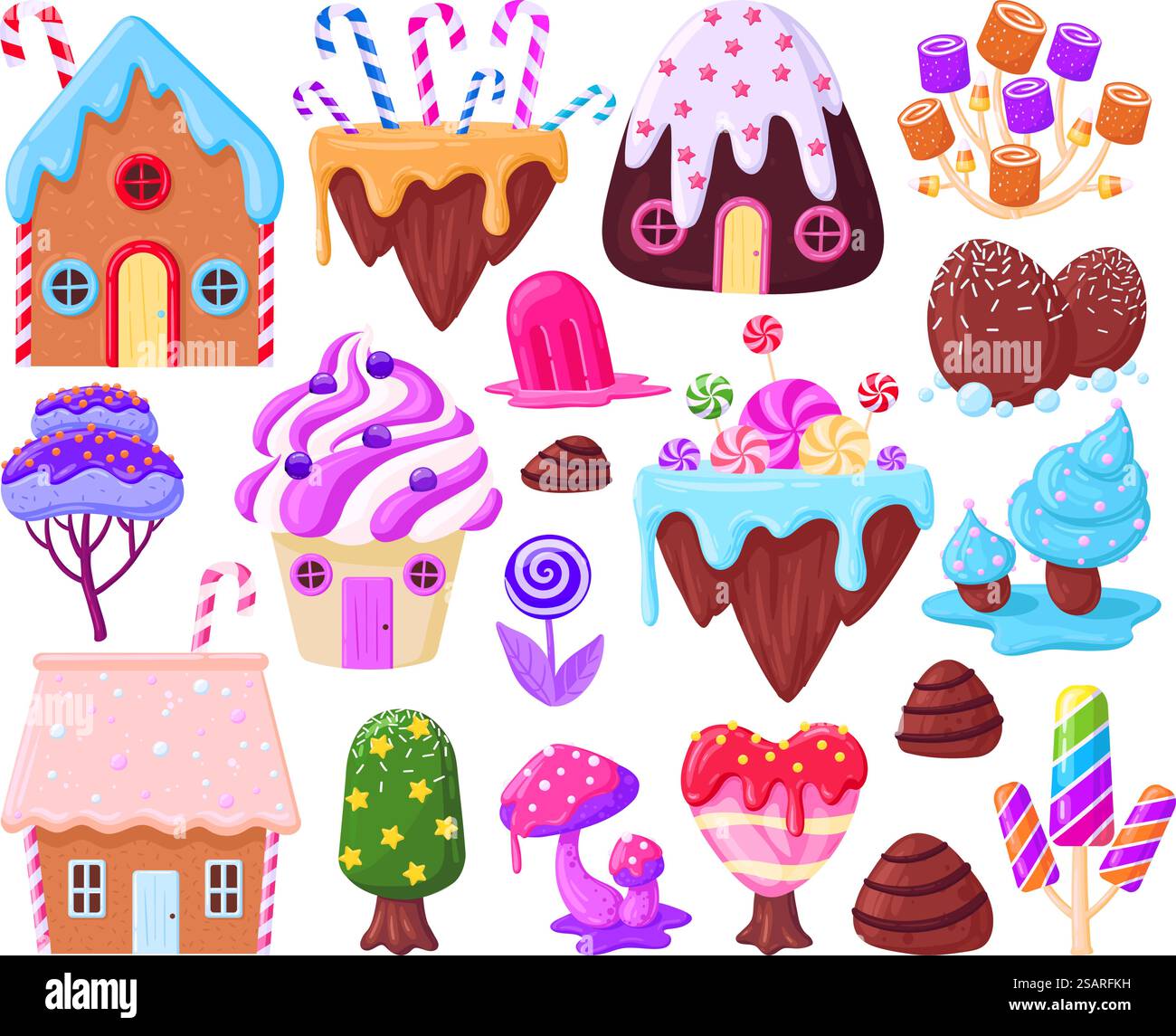Cartoon sweet fantasy gingerbread houses and caramel trees. Fairy tale ...