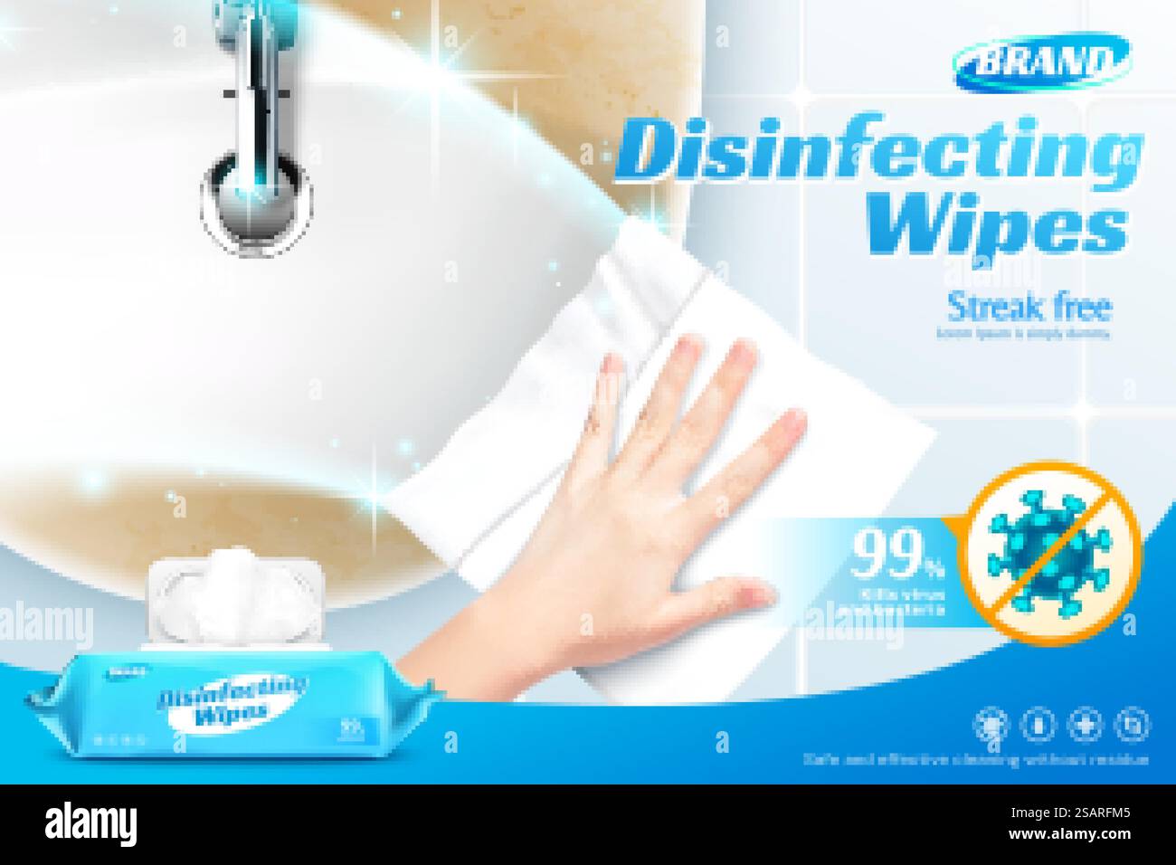 Disinfectant wipes ads template, realistic hand using disinfectant wipe ...