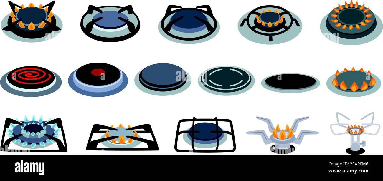 Stove burners. Electric and gas cooker, hob burner with fire flame heat ...