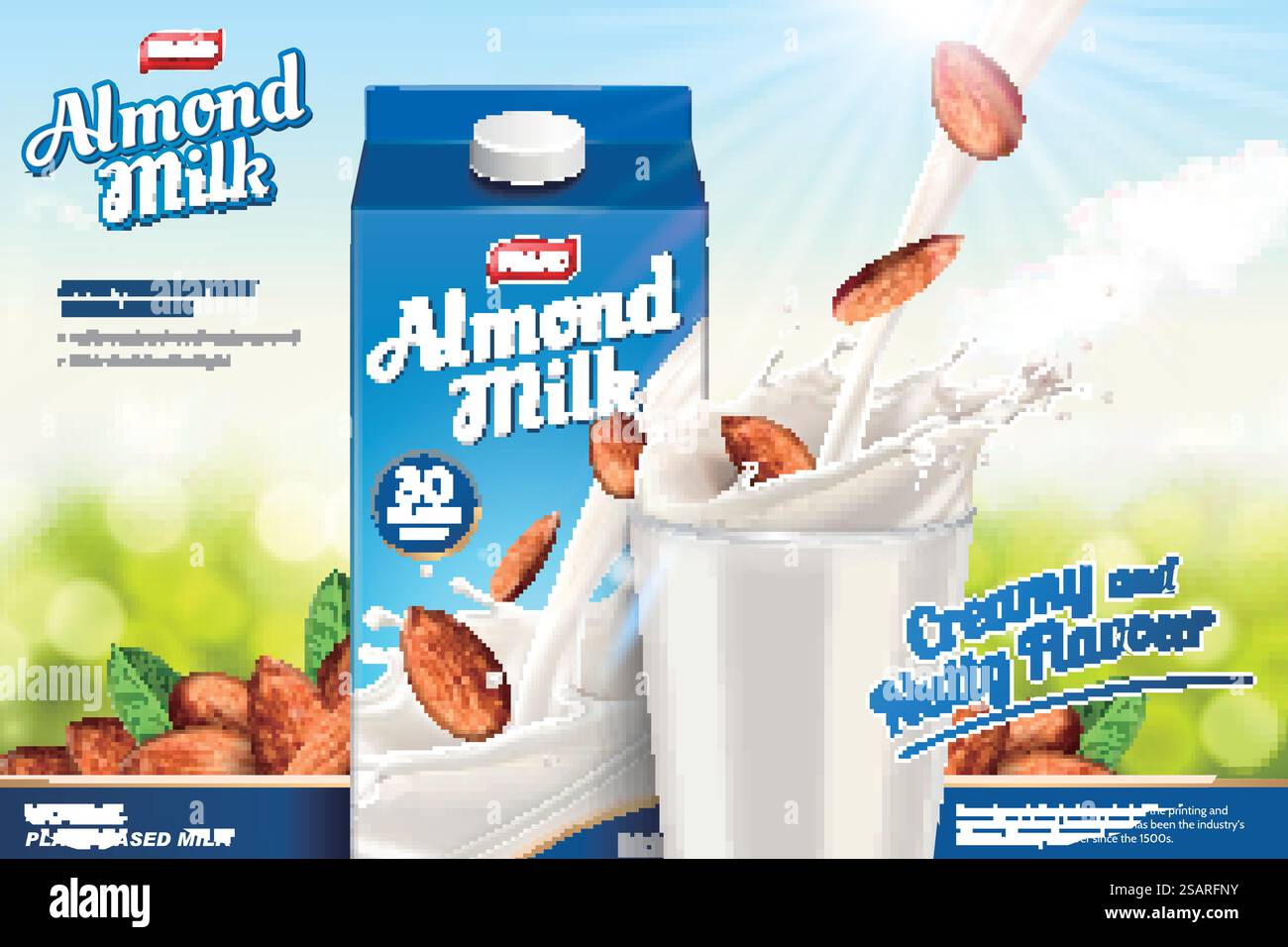 Almond milk ads with liquid pouring down into glass cup on the green ...