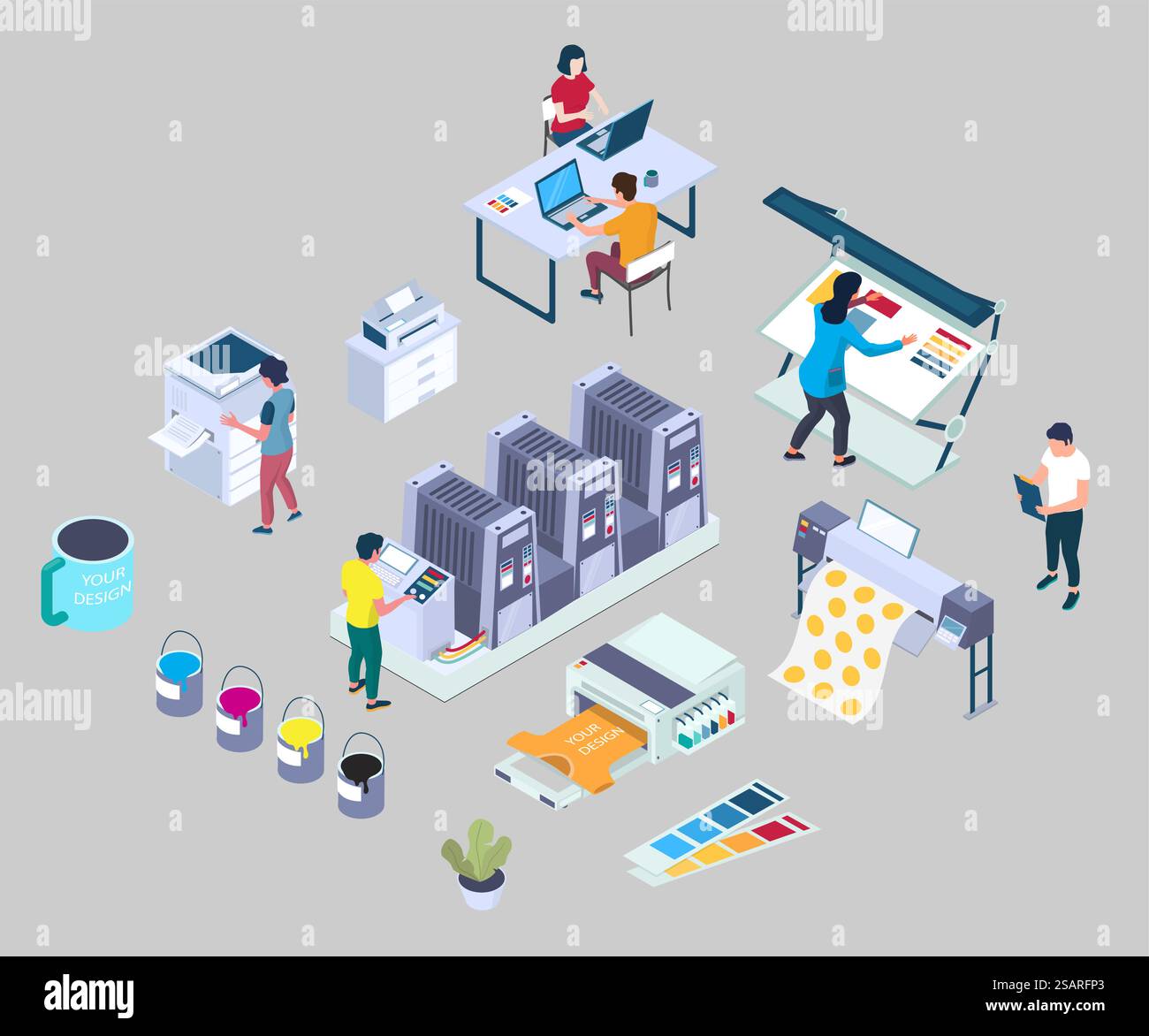 Publishing house, print shop, copy center, vector flat isometric illustration. Polygraphy ...