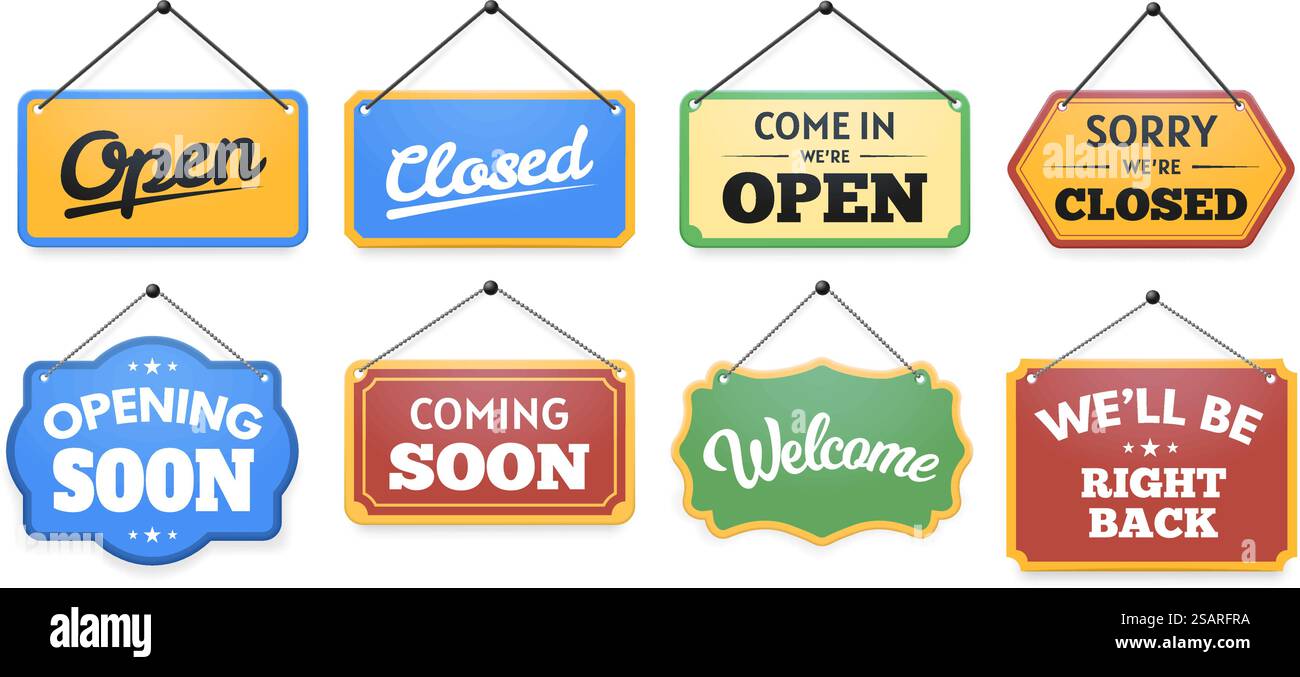 Store door sign. Come in were open and closed signboard note, opening ...