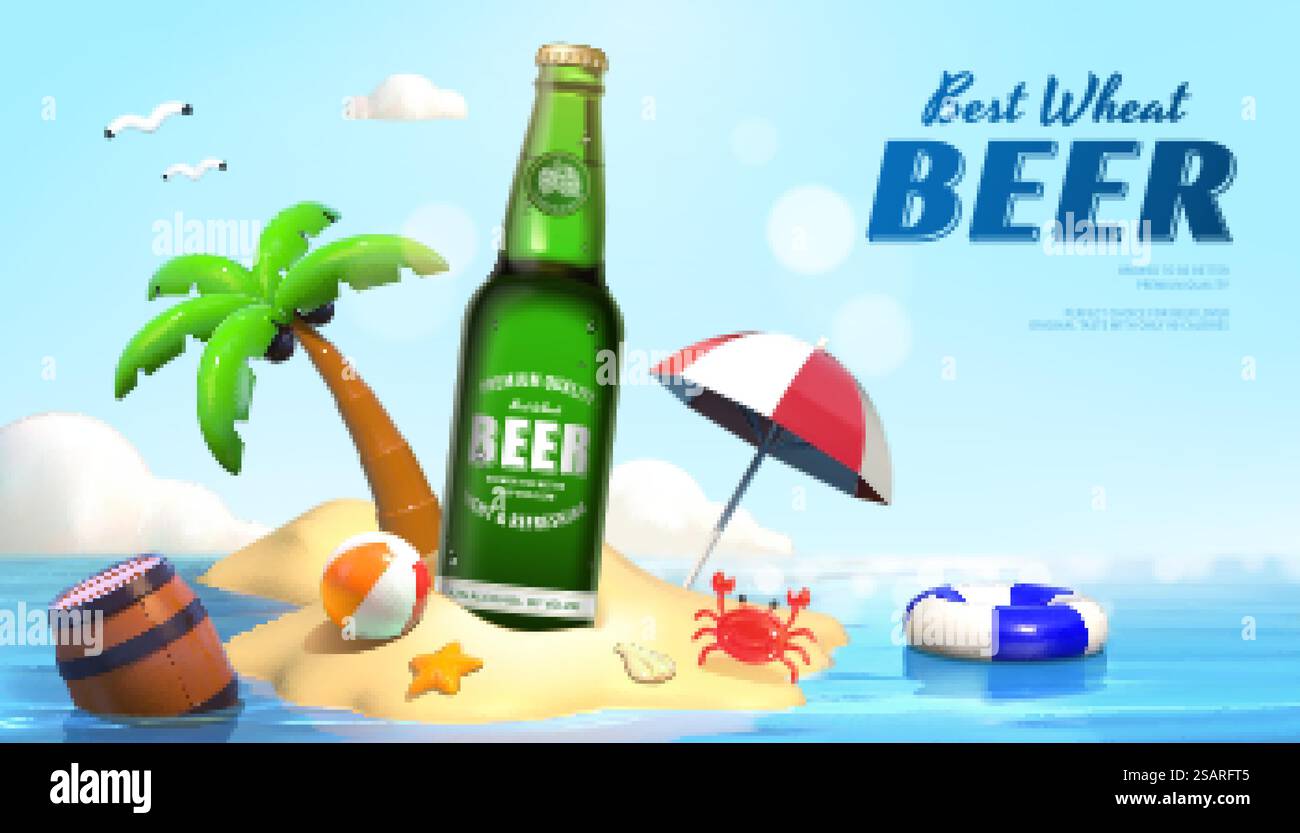 3d wheat beer ad. Beer bottle on tropical island on the sea background ...