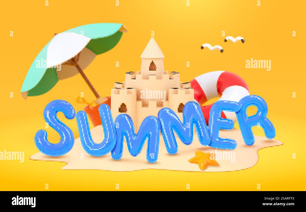 Beach summer fun in 3d. Illustration of sand castle with beach objects ...