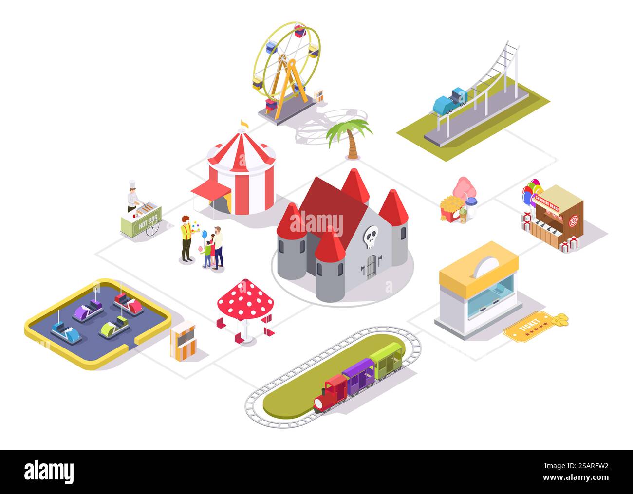 Amusement park vector flat isometric flowchart with carousel castle ...
