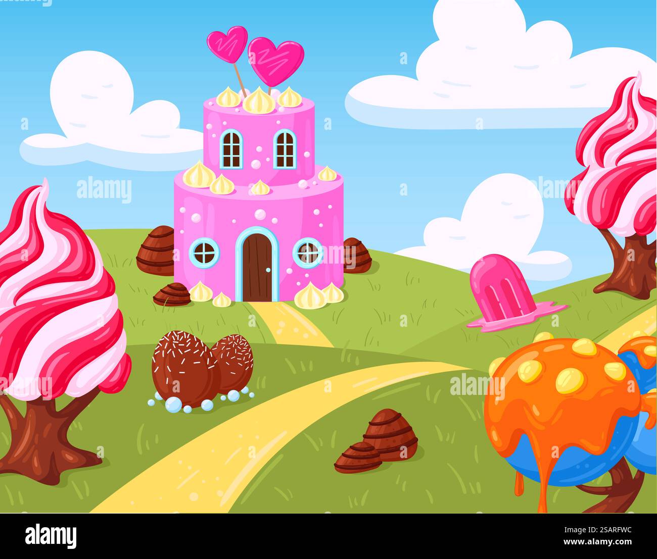 Cartoon fantasy sweet candy land landscape mobile game elements. Sweets ...