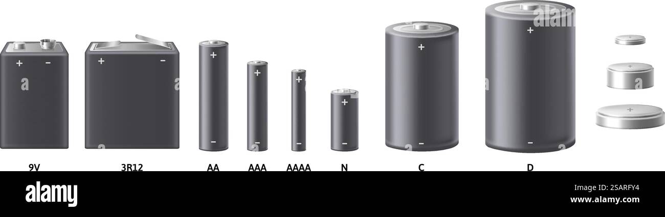 Realistic battery mockup. Different types of alkaline batteries and ...