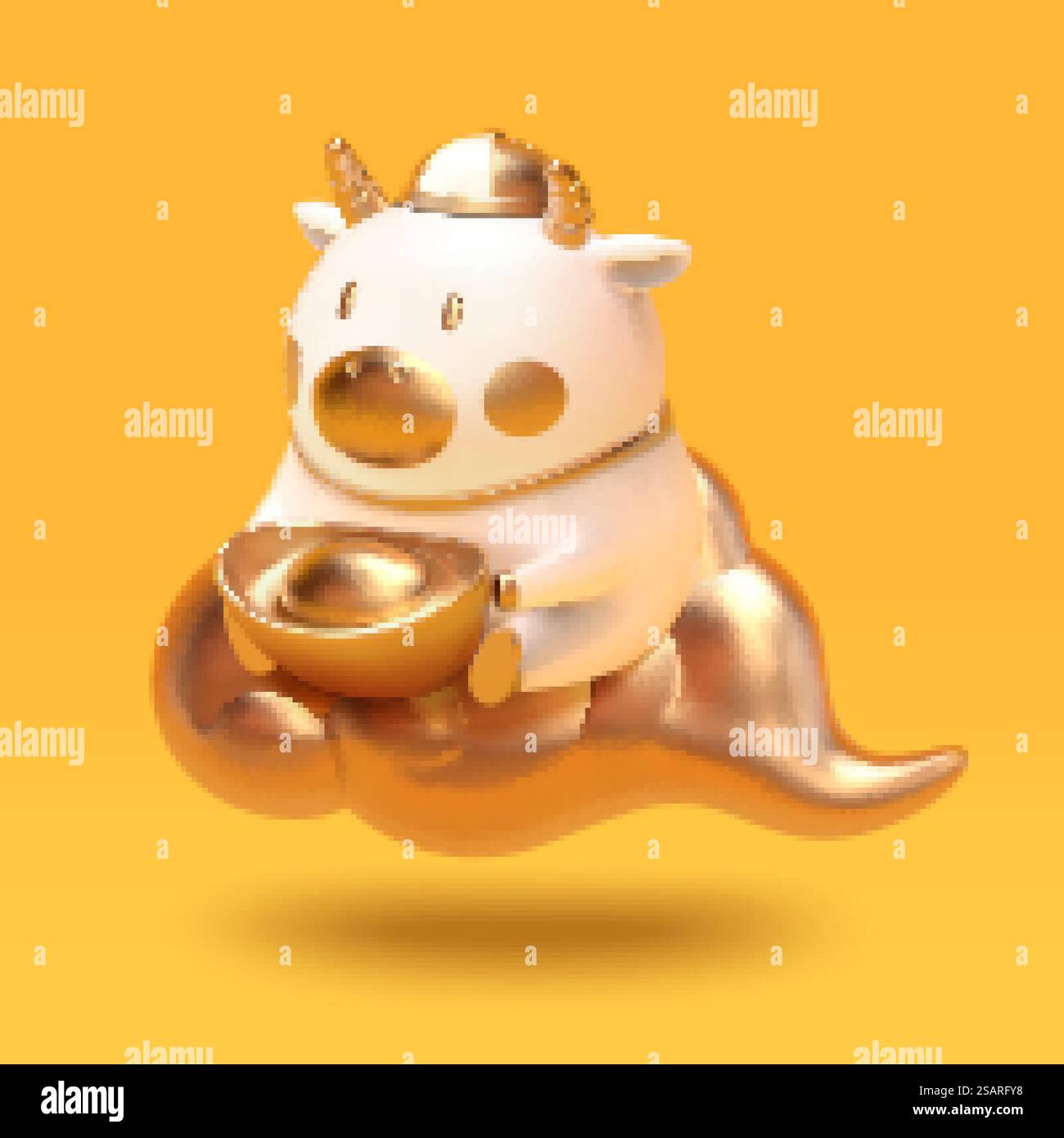 3d illustration of cute ceramic white cattle sitting on gold cloud. 3d ...