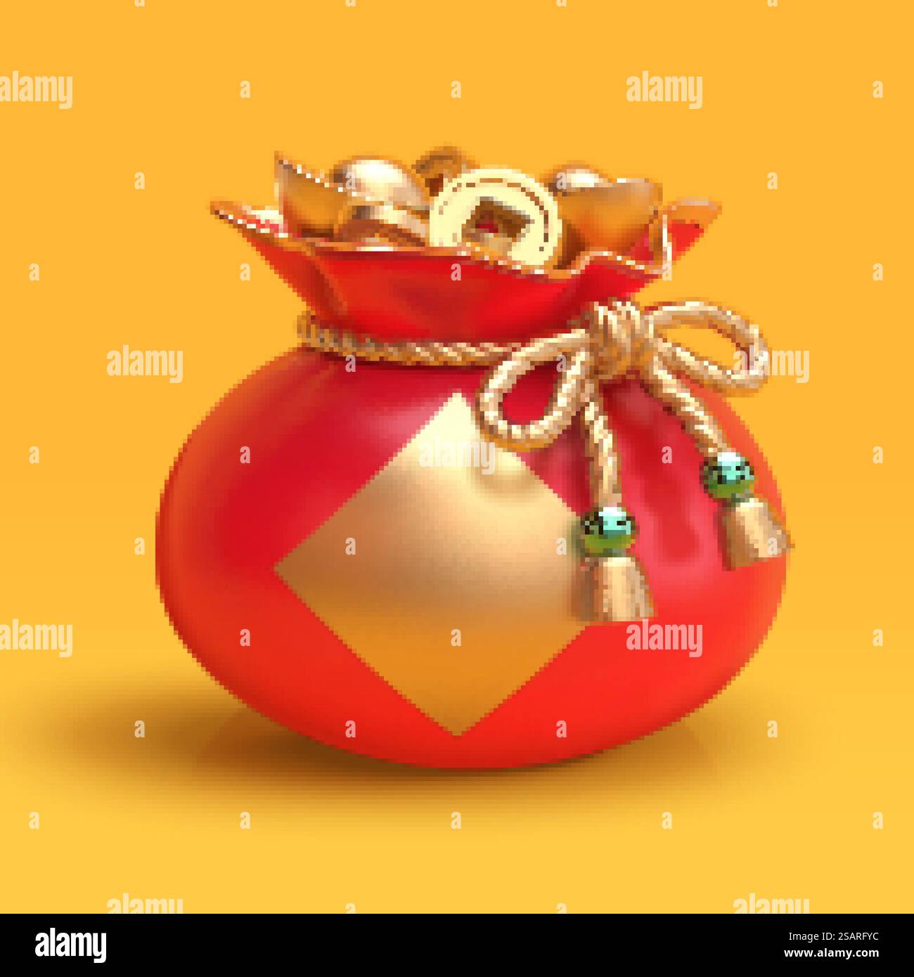 3d illustration of cute lucky bag full of gold coins and ingots. 3d ...