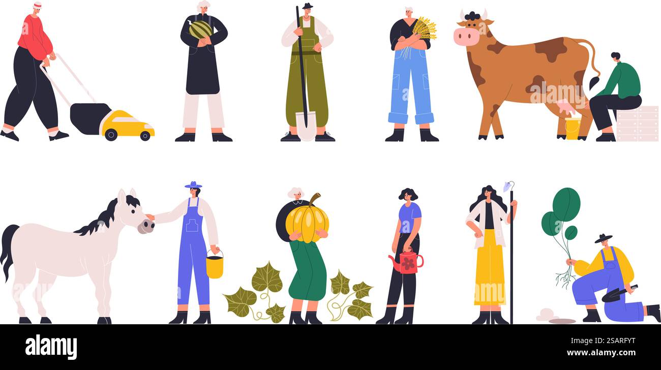 Agricultural workers, farmers working on farm, harvesting and cropping ...