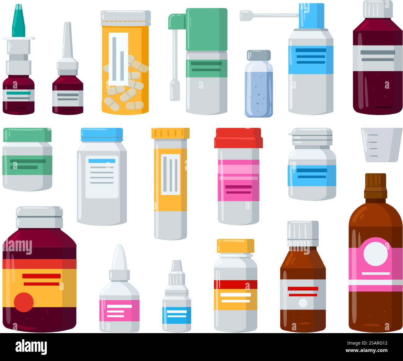 Cartoon medical drugs, pill containers or vitamin plastic bottles ...