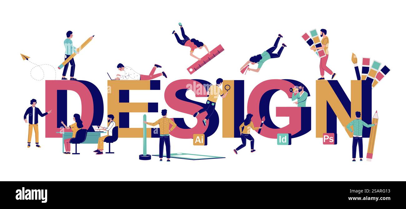 Design typography vector banner template. Busy tiny characters graphic ...