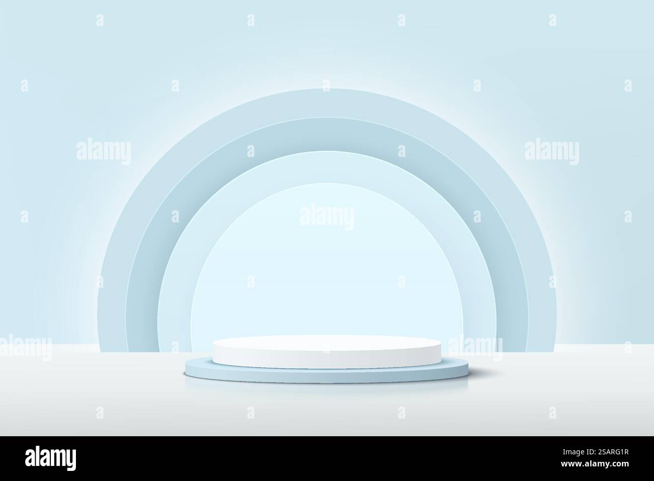 Abstract 3D white, blue cylinder pedestal podium with glowing light ...