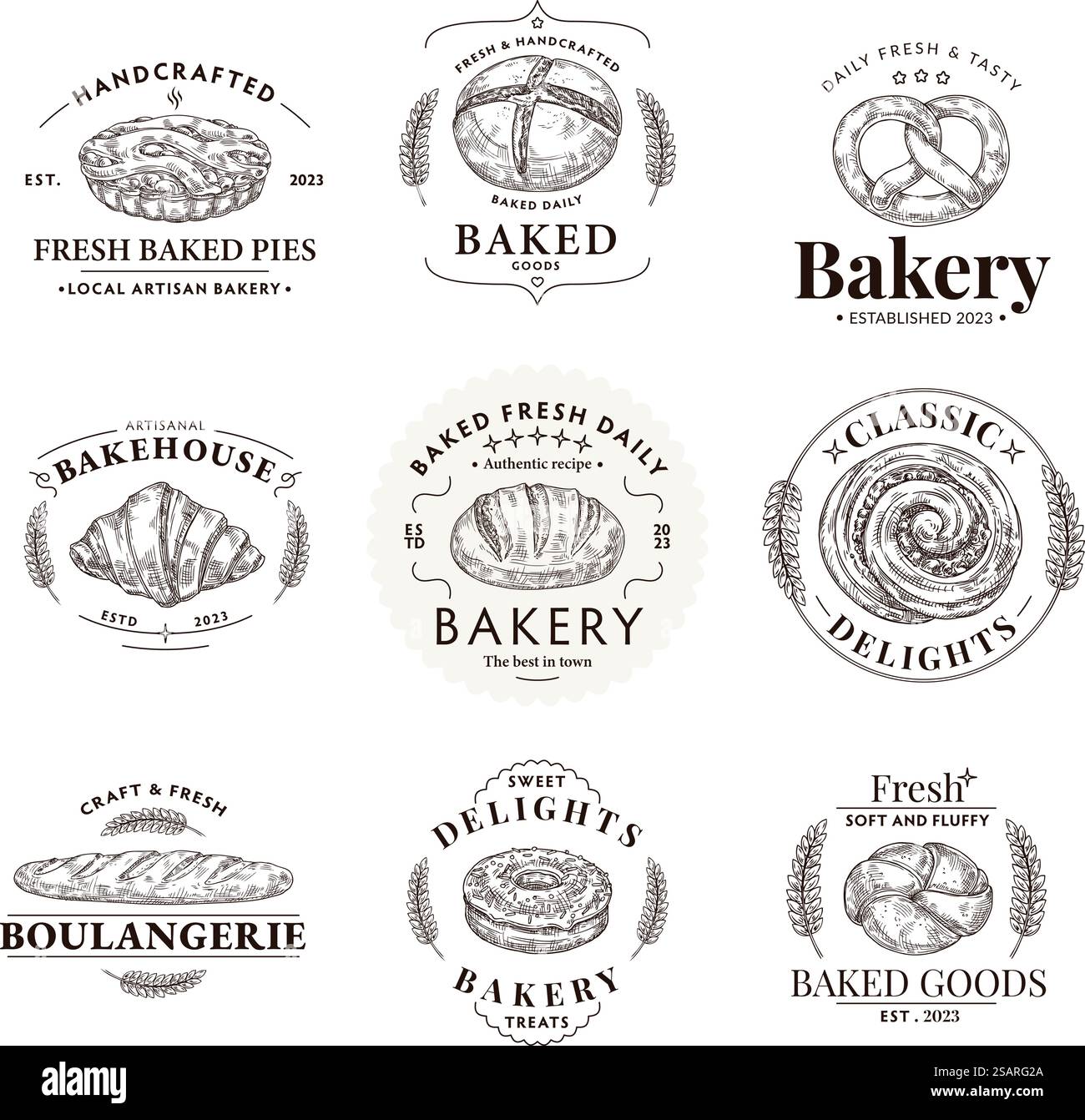 Bakery emblem. Local bakehouse artisan label with hand drawn fresh ...