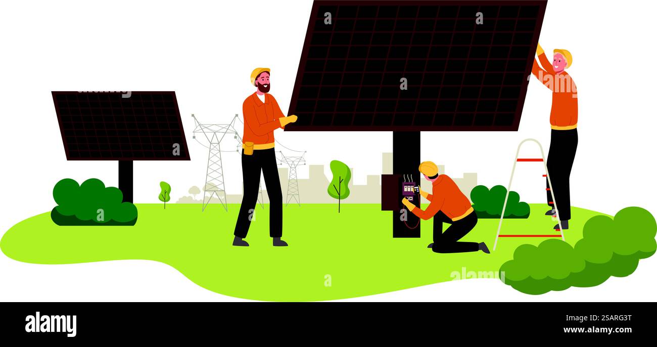 Utility workers install solar panels. Solar power plant maintenance, sustainable green energy ...