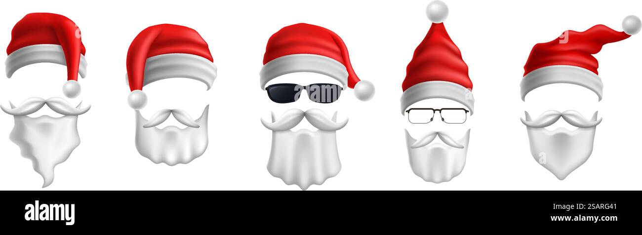 Santa s hats, eyeglasses and beards. Christmas party costume mask with ...