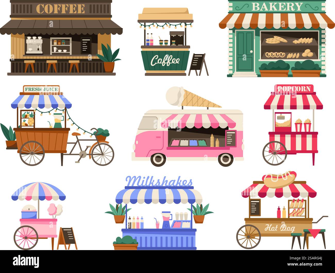 Cozy market stalls and booths. Coffee and bakery shop, ice cream van ...