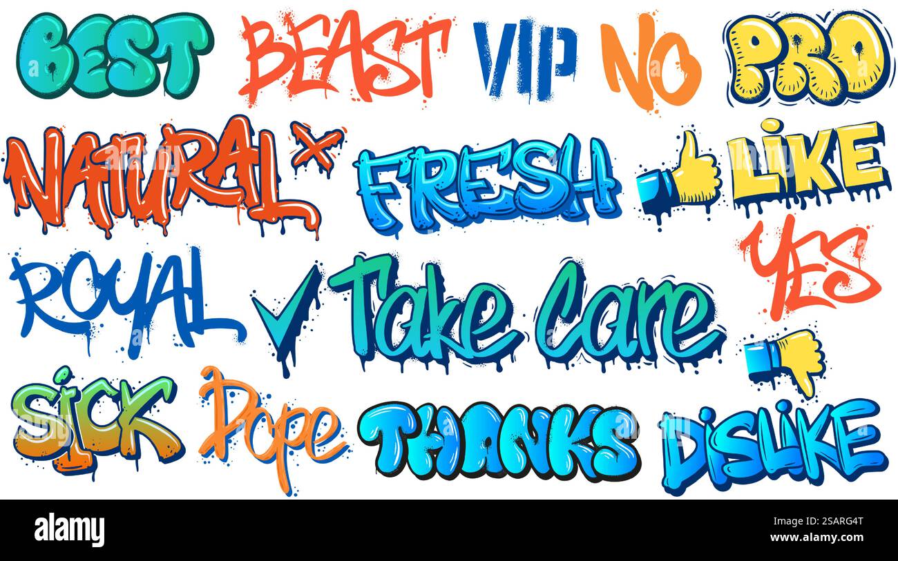 Graffiti tags. Fresh, best and dope street art text signs. Spray paint ...