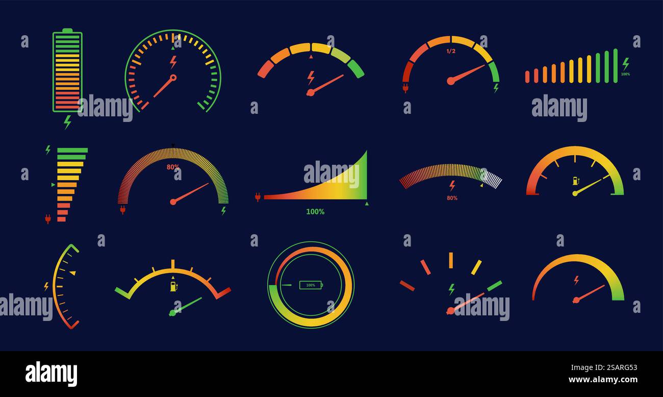 Electric car gauge scales. Energy meter, battery power level indicator ...