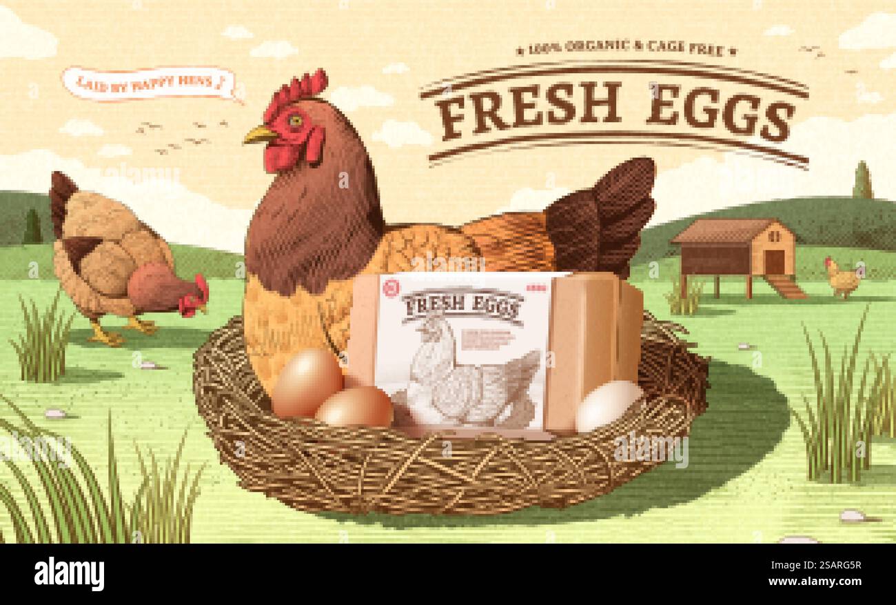 Vintage ad template for fresh farm product in engraving design. A happy ...