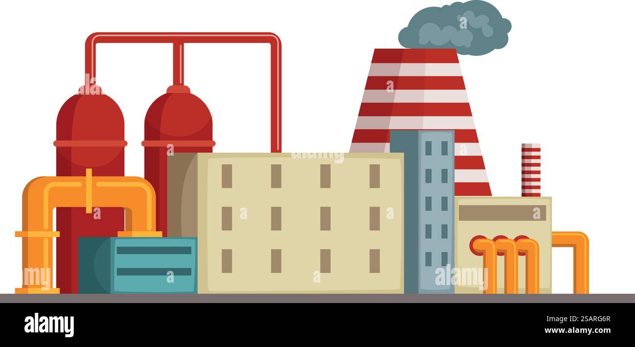 Power plant cartoon facade. Industrial refinery front isolated on white ...