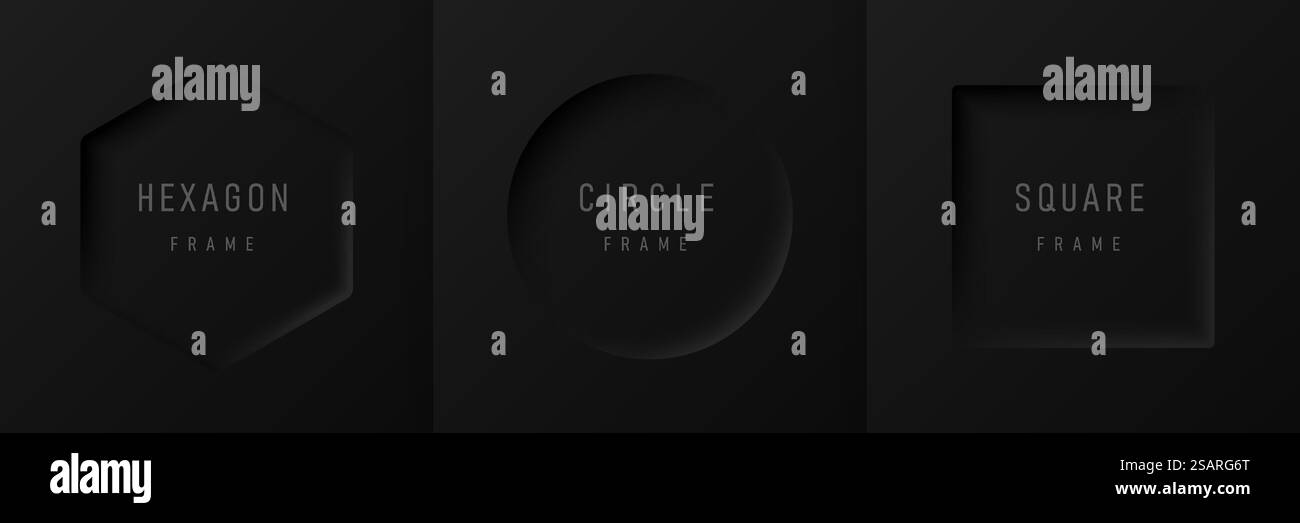 Set of realistic 3d geometric hexagon, circle and square frame on black ...