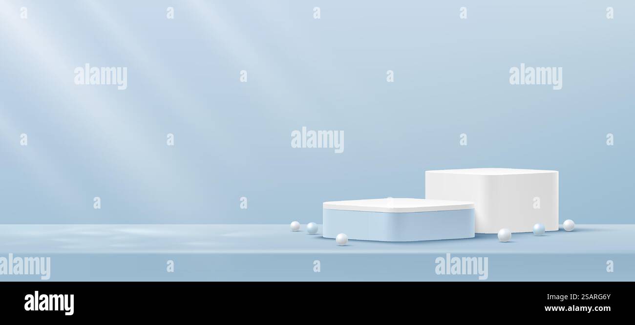 Abstract white and blue round corner cube platform podium. Window ...