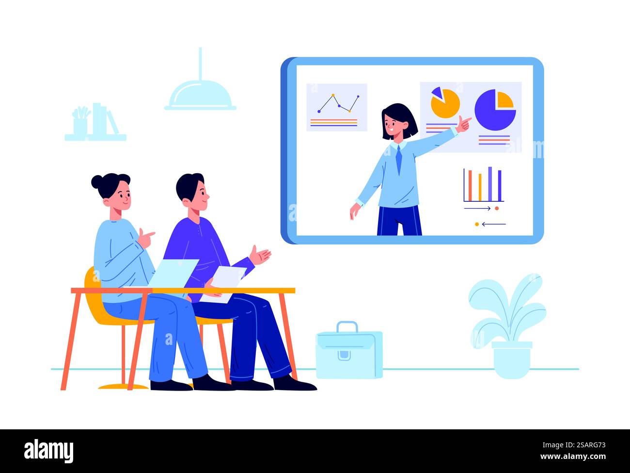 Business meeting presentation for investor with dashboard. Vector of presentation in office ...
