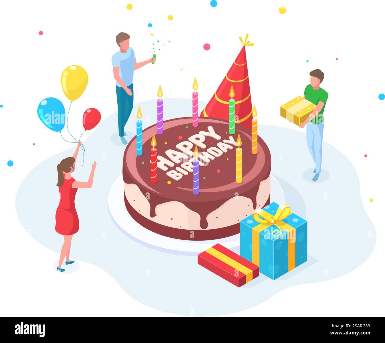 Isometric happy birthday party people celebration concept. Characters ...