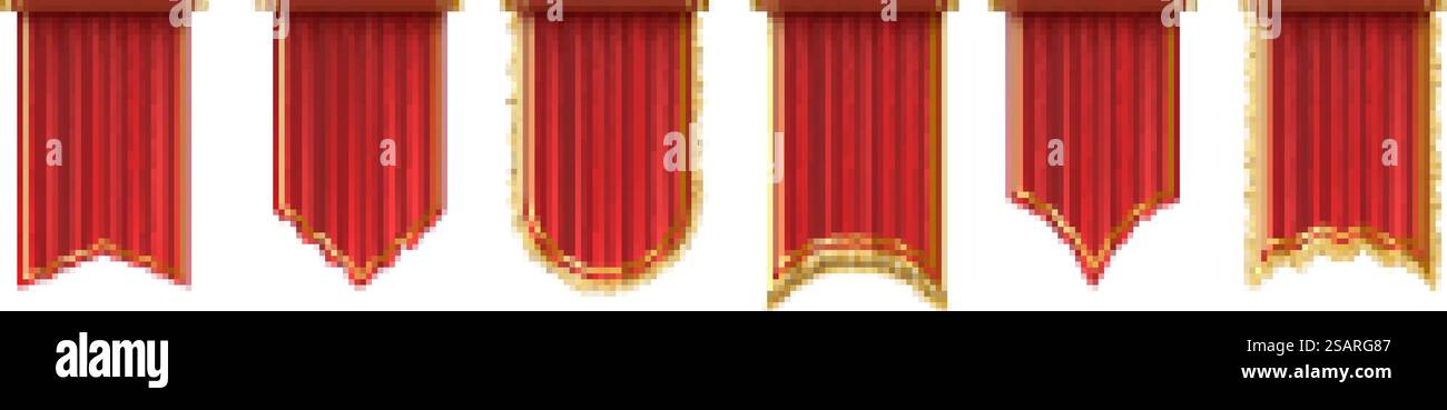 Red medieval battle flag. Hanging fabric royal banner, pennant mockup ...