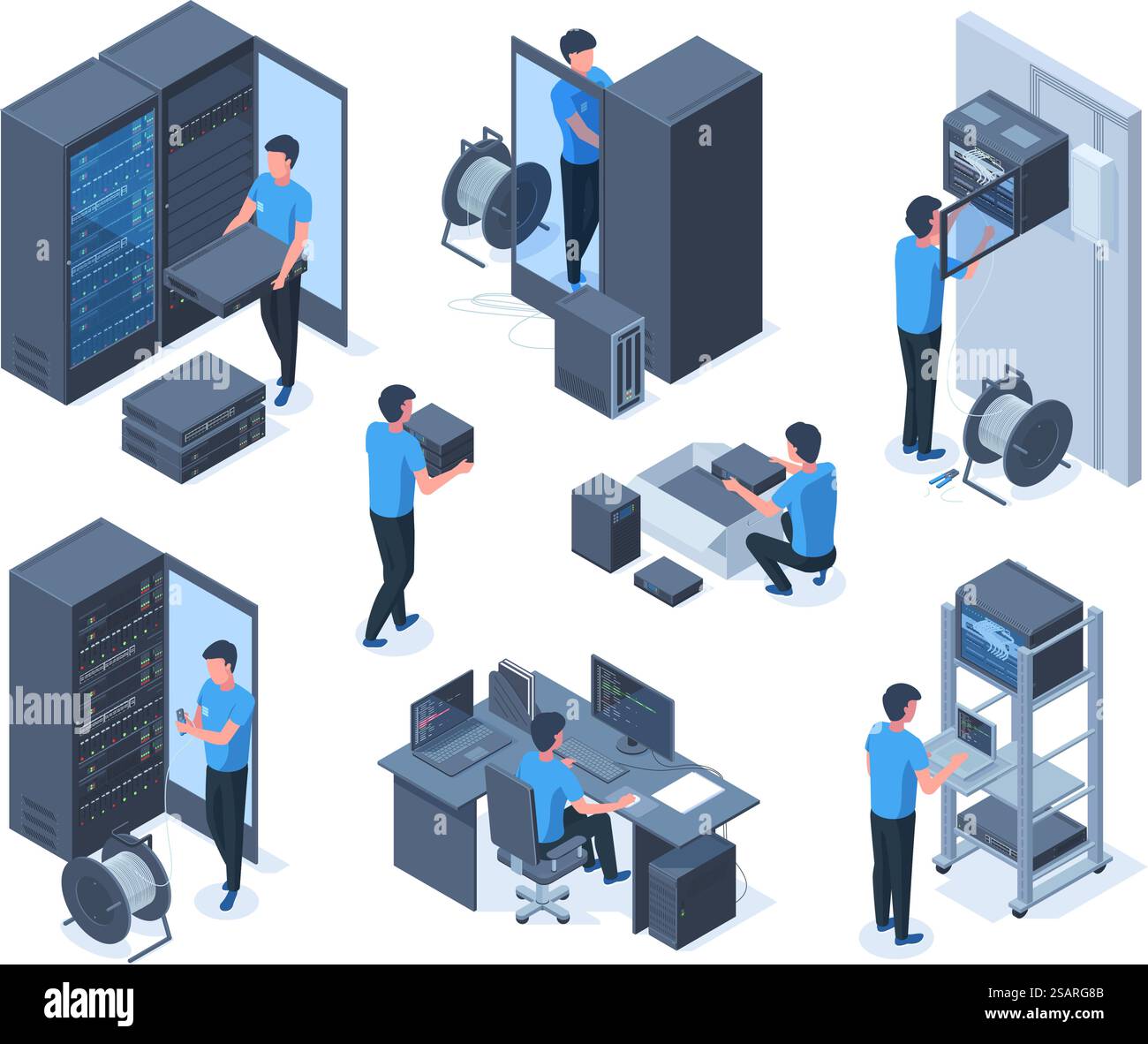 Isometric engineers characters serve data network equipment. Computer network technology repair ...