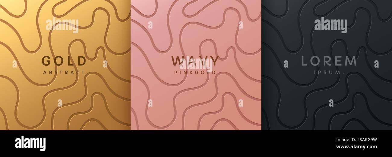 Set of gold, rose gold and black wavy lines abstract design. Collection ...