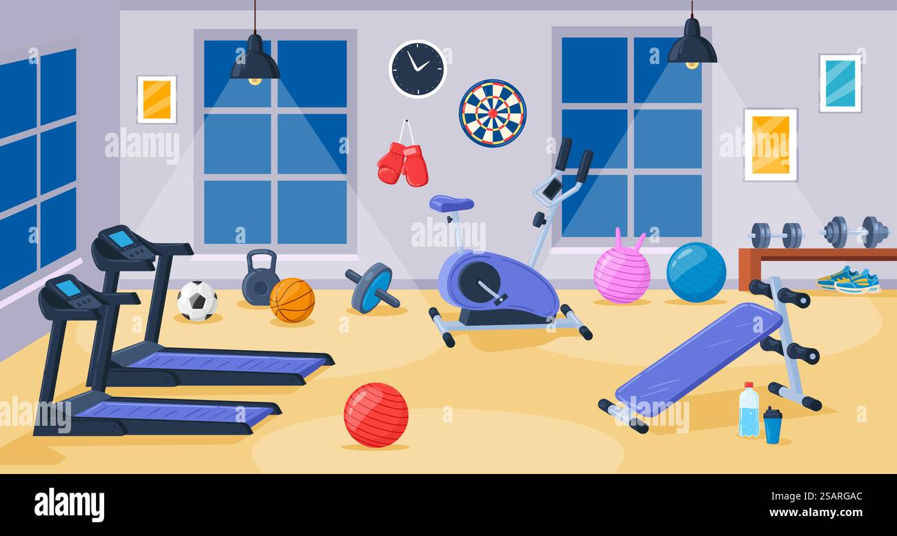 Cartoon gym interior room with sport fitness equipment. Sport elements ...