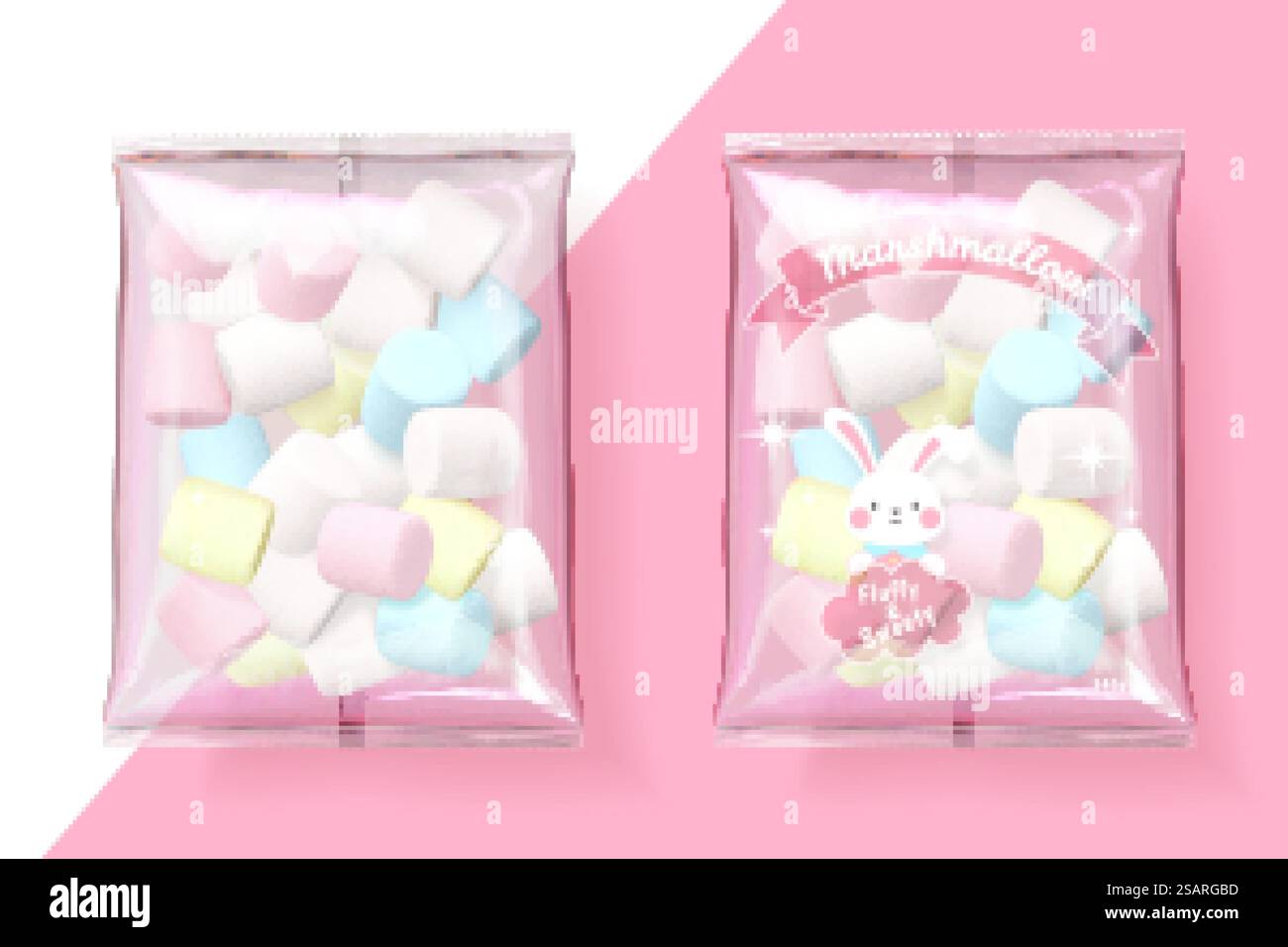 Marshmallow packets on pink and white background in 3d illustration ...