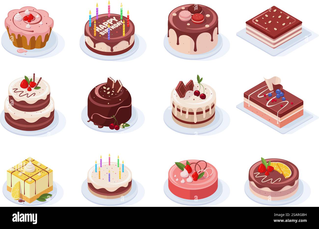 Isometric birthday event tasty strawberry, vanilla, chocolate cakes. Delicious 3d frosted party ...