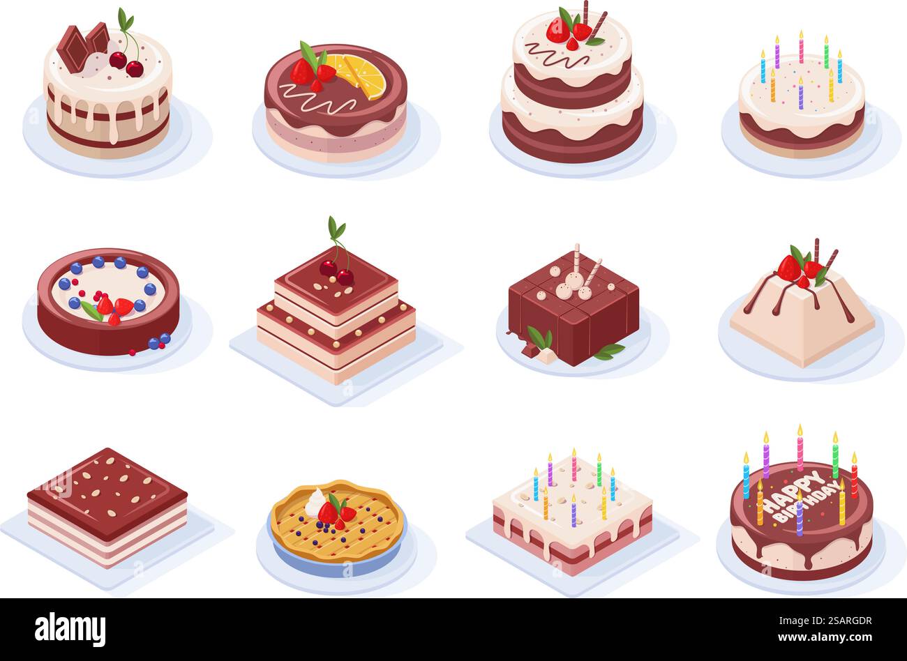 Isometric birthday party delicious chocolate glaze cakes chocolate hi ...
