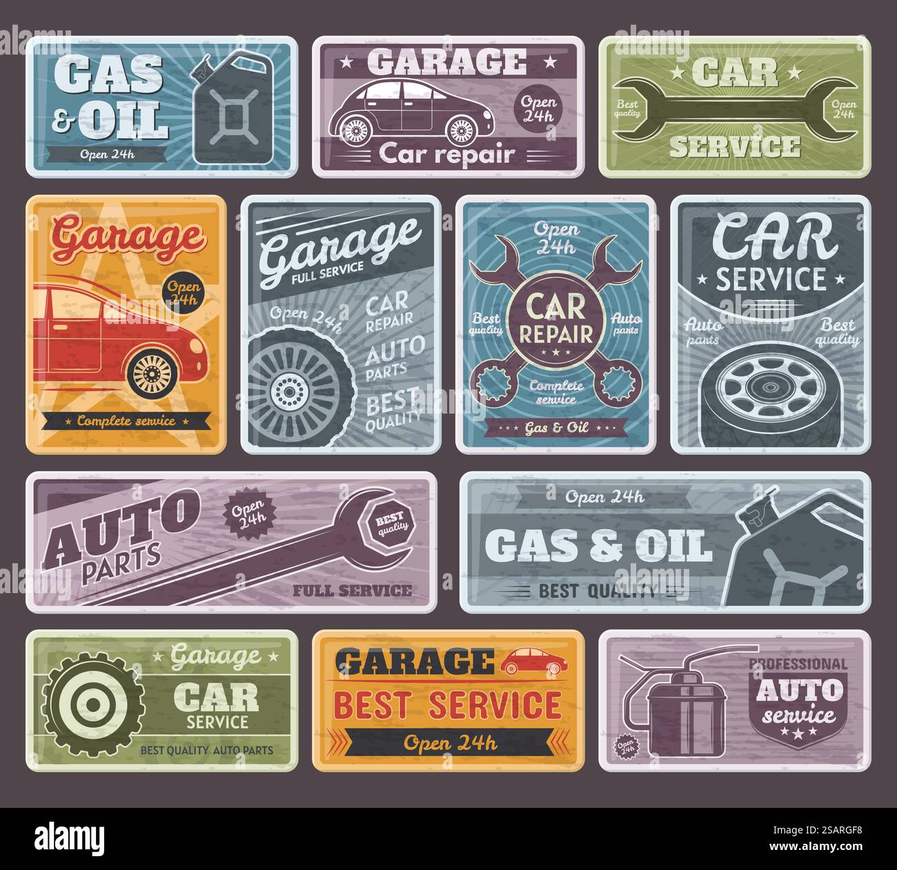 Vintage car, auto service, garage and gasoline station posters. Rusty ...