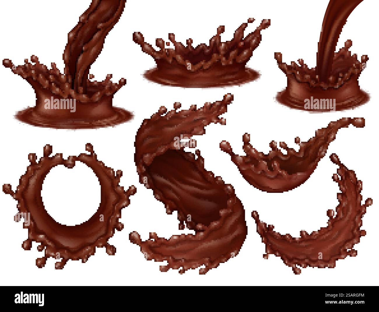 Realistic chocolate frosting splashes, streams and hot dark chocolate ...