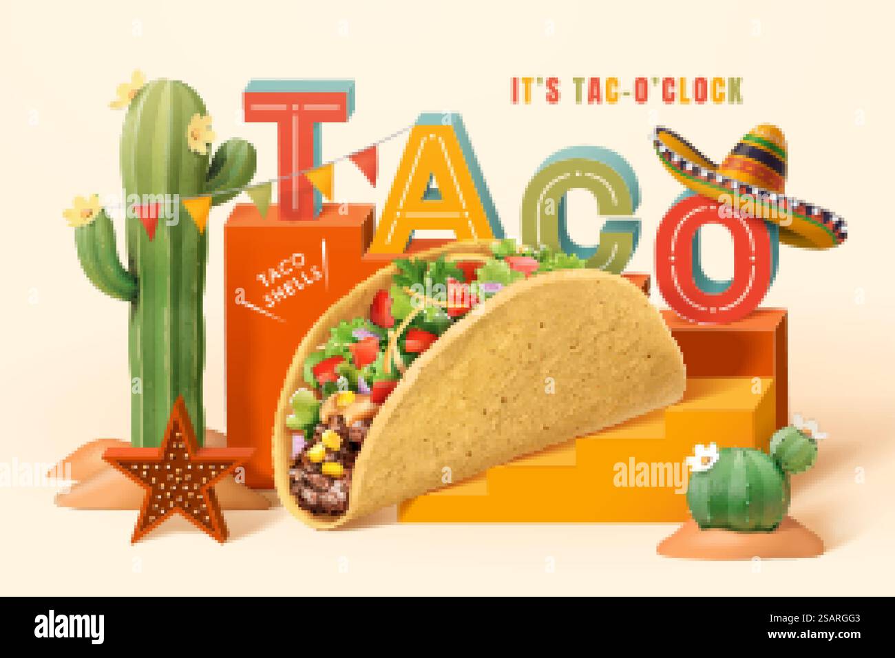 3d Mexico desert theme taco ad template. Word TACO and Mexican taco on ...