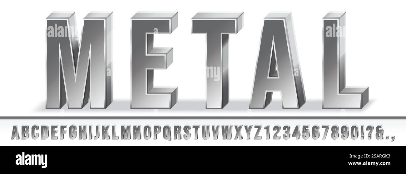 Realistic metal font. Shiny metallic 3D letters with extrude effect and ...