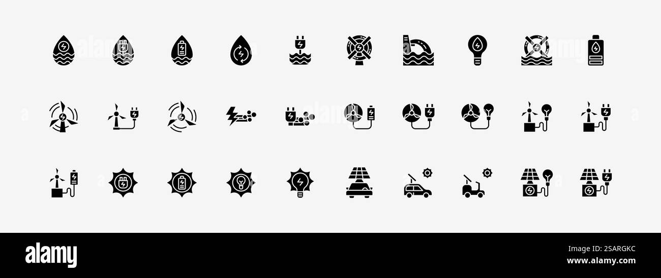 Renewable energy icon set glyph icon. Include solar panel, wind energy ...